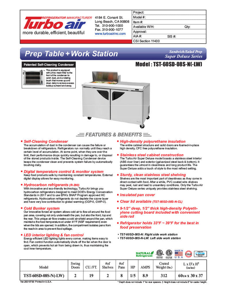 Turbo Air Super Deluxe TST-60SD-08S-N-LW 60" 2 Door Refrigerated ...