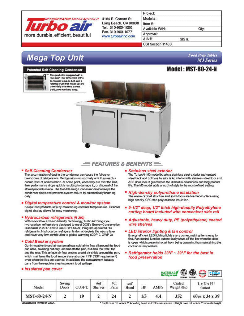 Turbo Air MST-60-24-N M3 Series 60" 2 Door Mega Top Stainless Steel ...