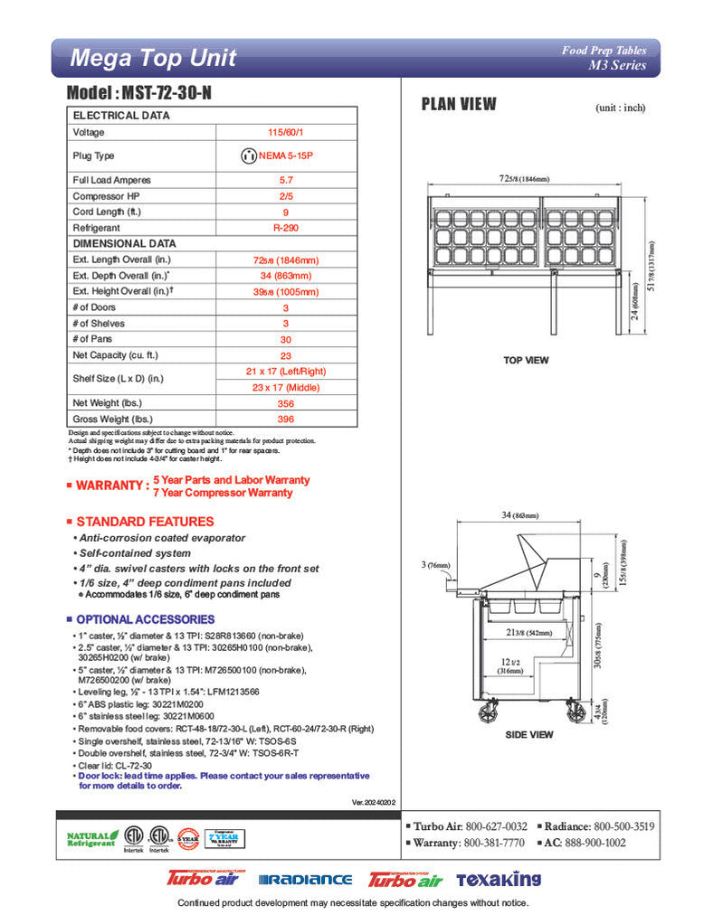 Turbo Air MST-72-30-N M3 Series 72" 3 Door Mega Top Stainless Steel ...